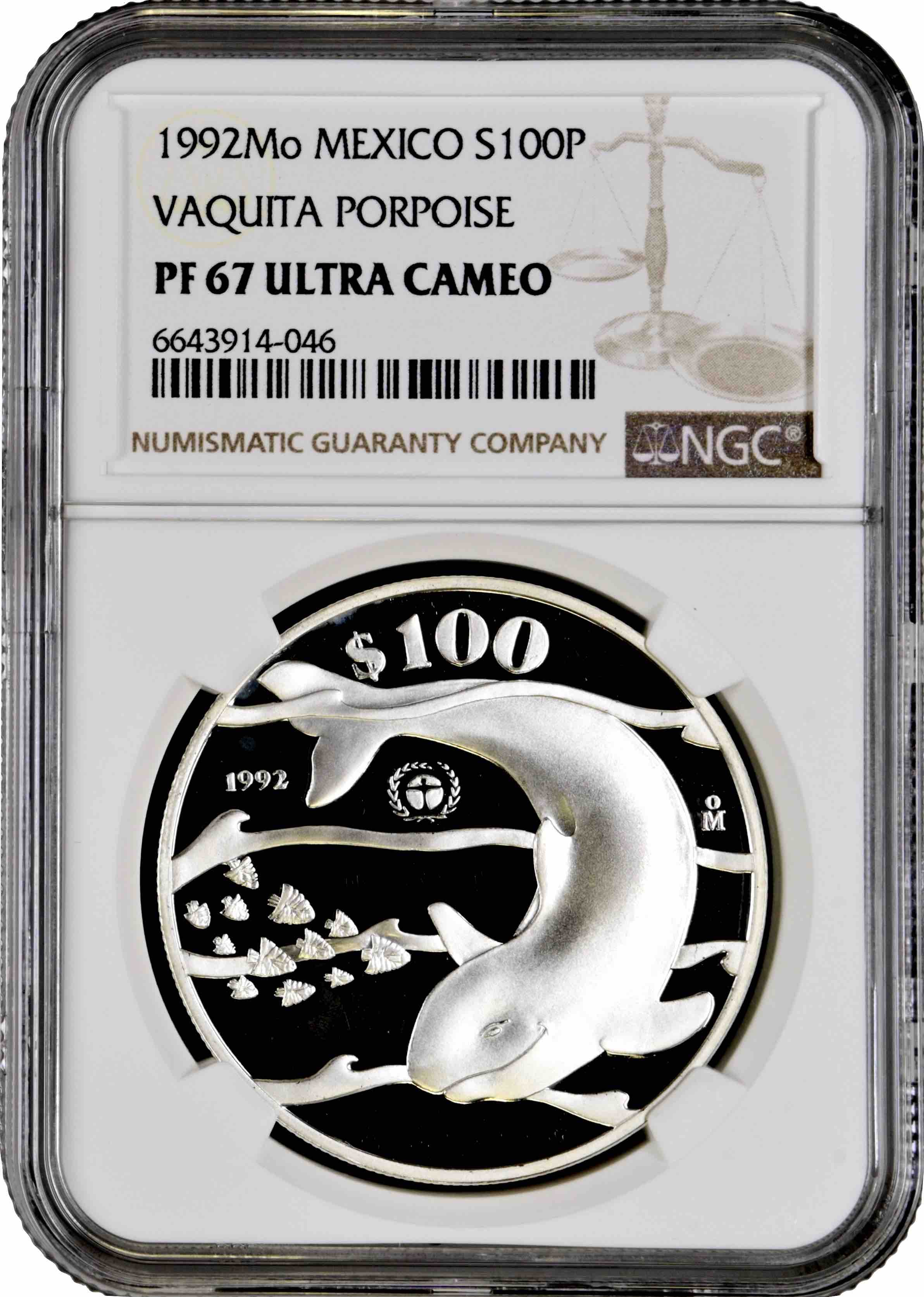 Mexico 100 pesos 1992, NGC PF67 UC, "Vaquita (Phocoena sinus)"
